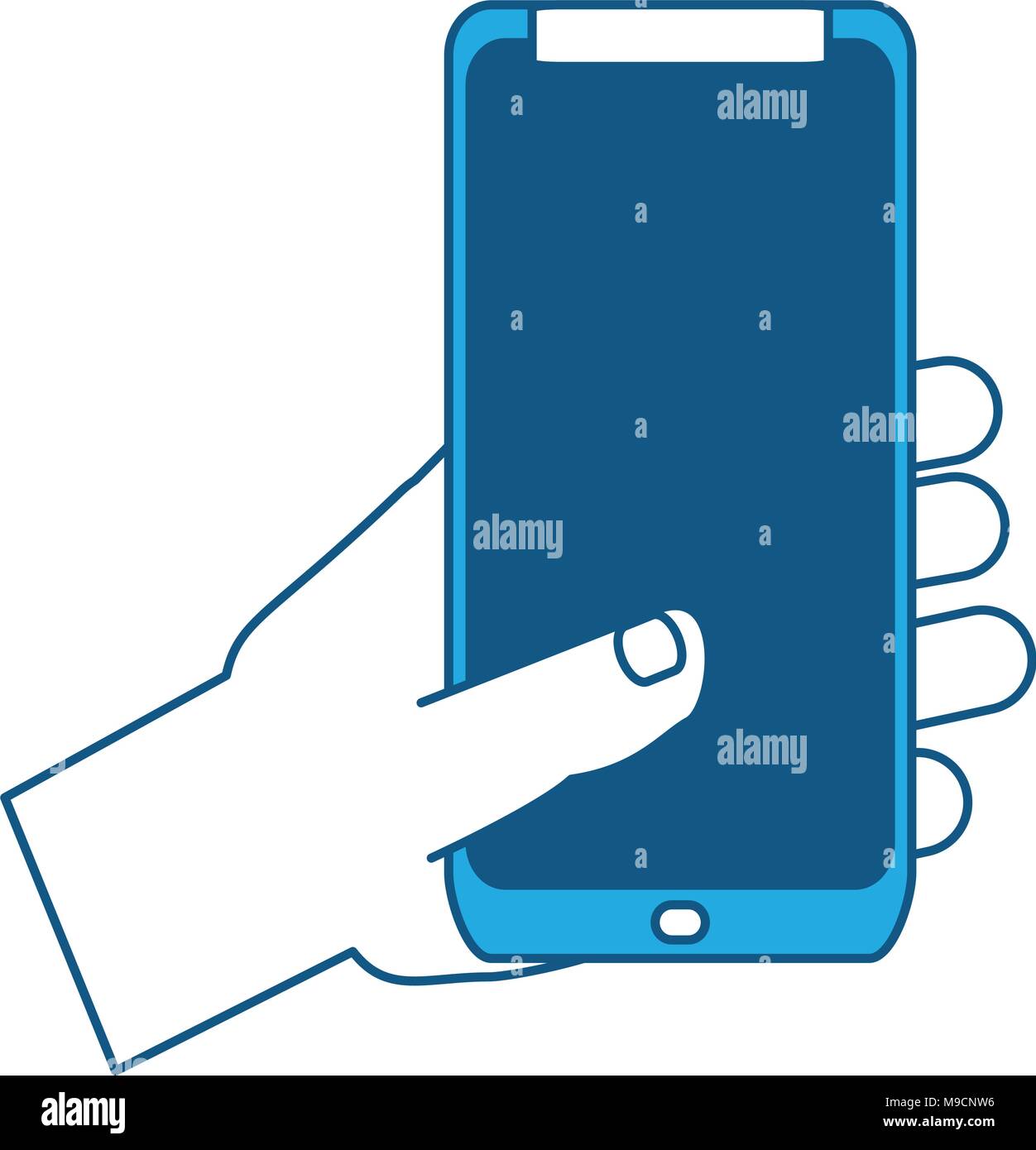 hand holding a smartphone device icon over white background, blue ...