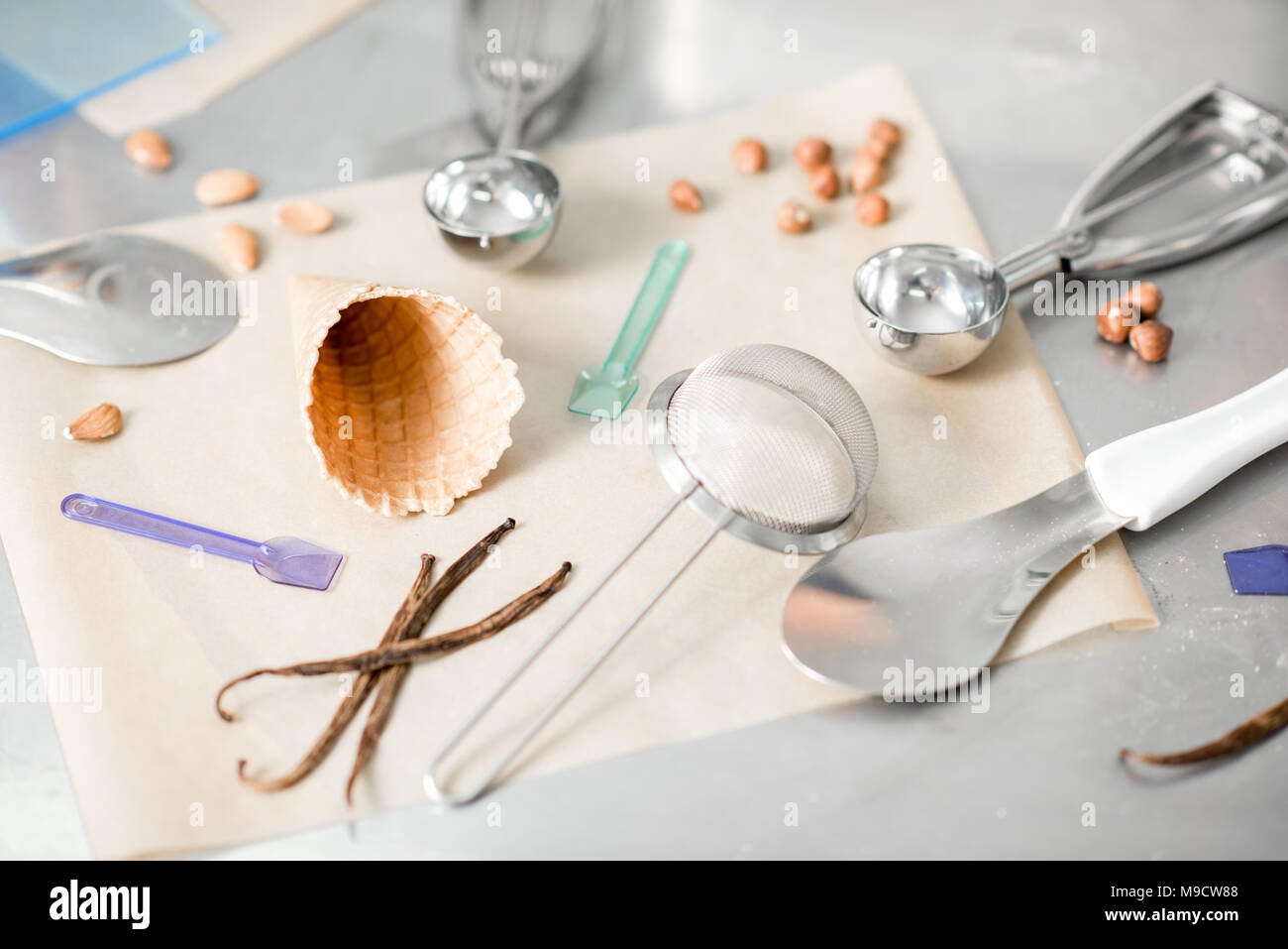 Ingredients and tools for ice cream production Stock Photo - Alamy