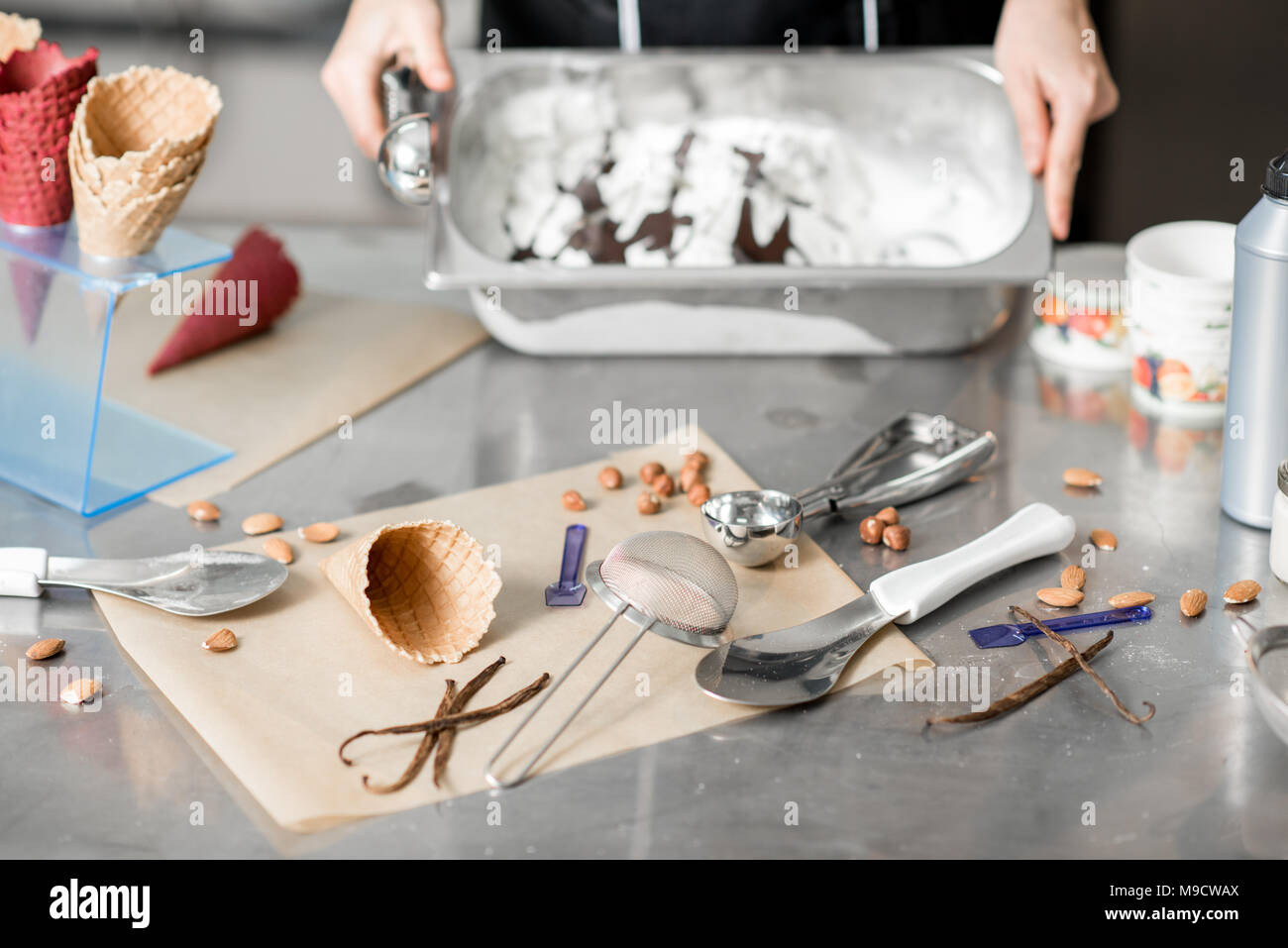 Ingredients and tools for ice cream production Stock Photo - Alamy
