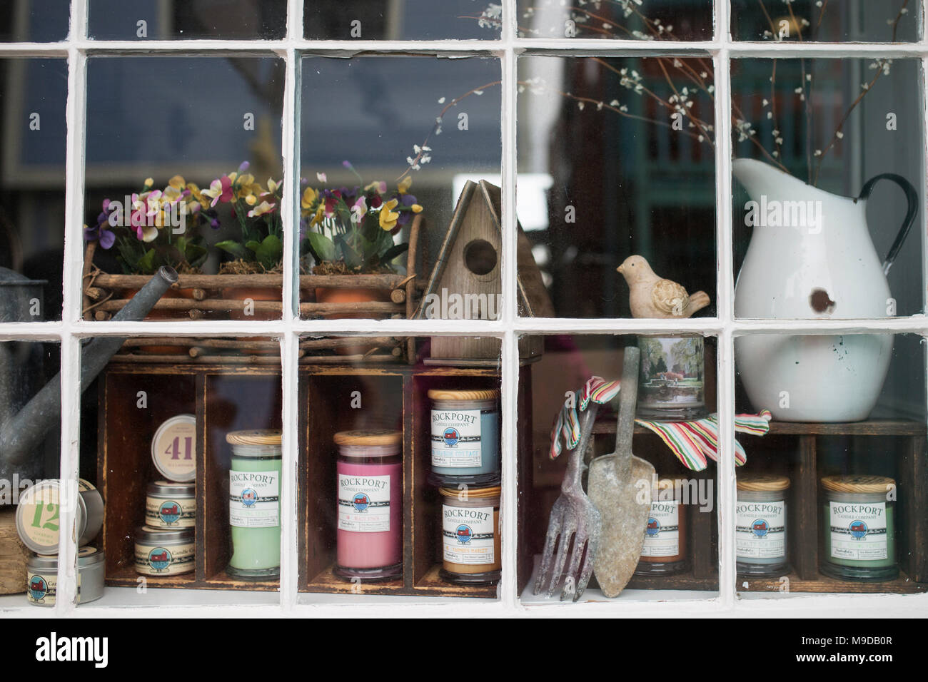 Candles in a spring window display on Bearskin Neck in Rockport ...
