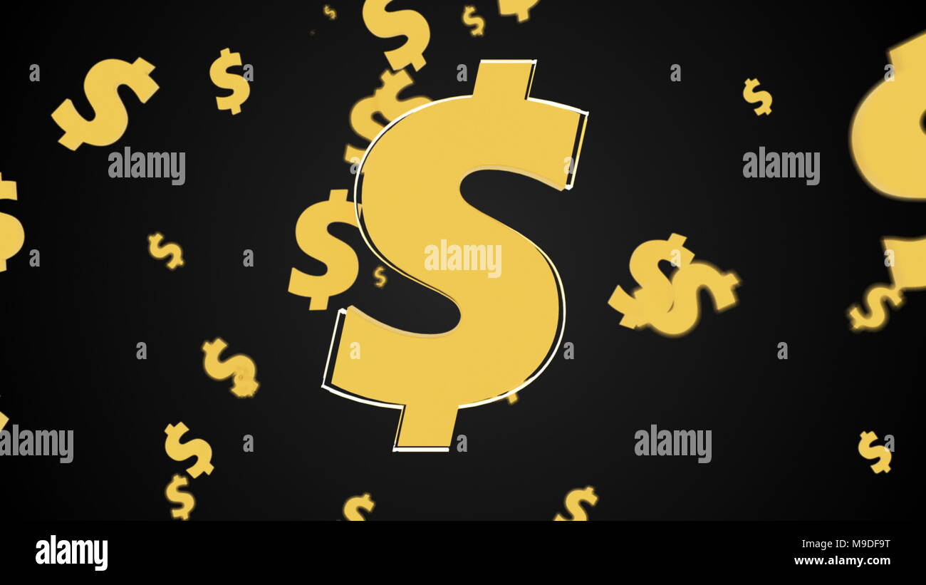 Flying currency signs of dollar on black background, 3d Illustration ...
