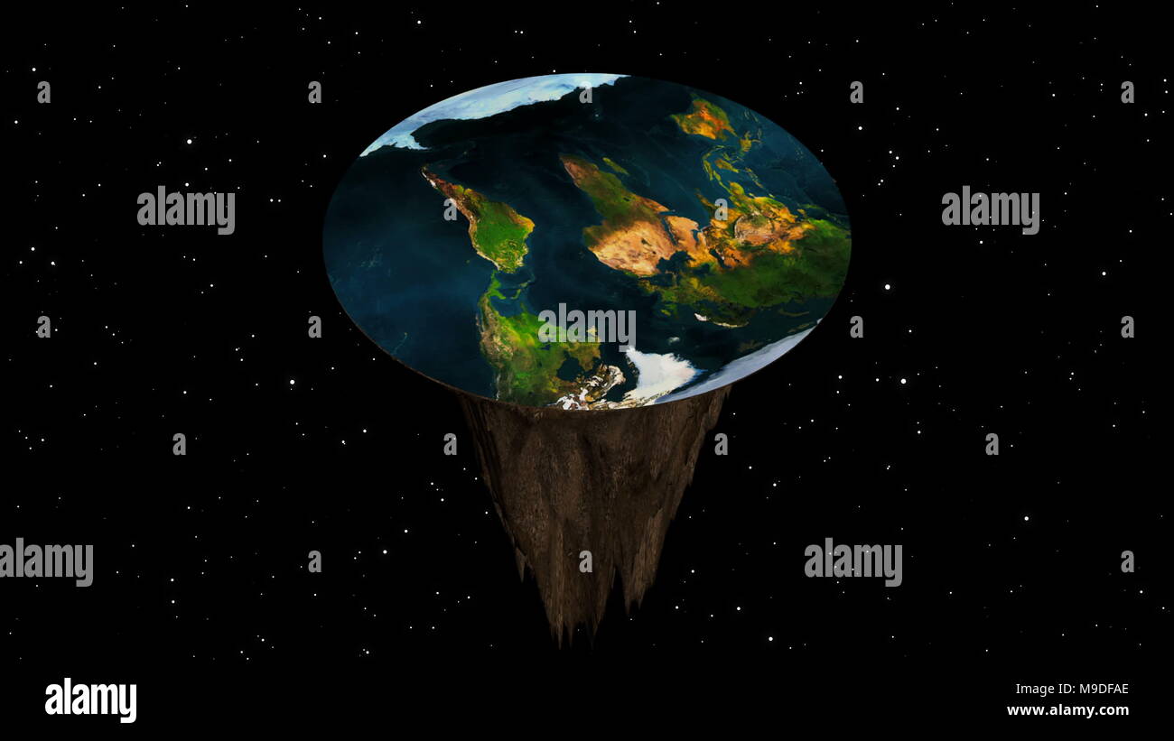 Flat earth with nature landscape, ancient belief in plane globe in form ...