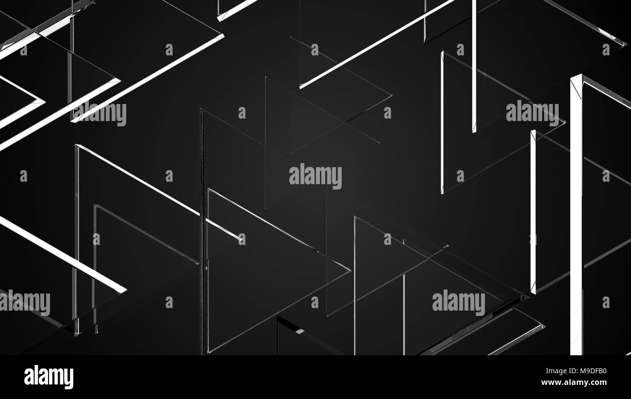 Many glass stylish transparent triangles on black, 3D rendering ...