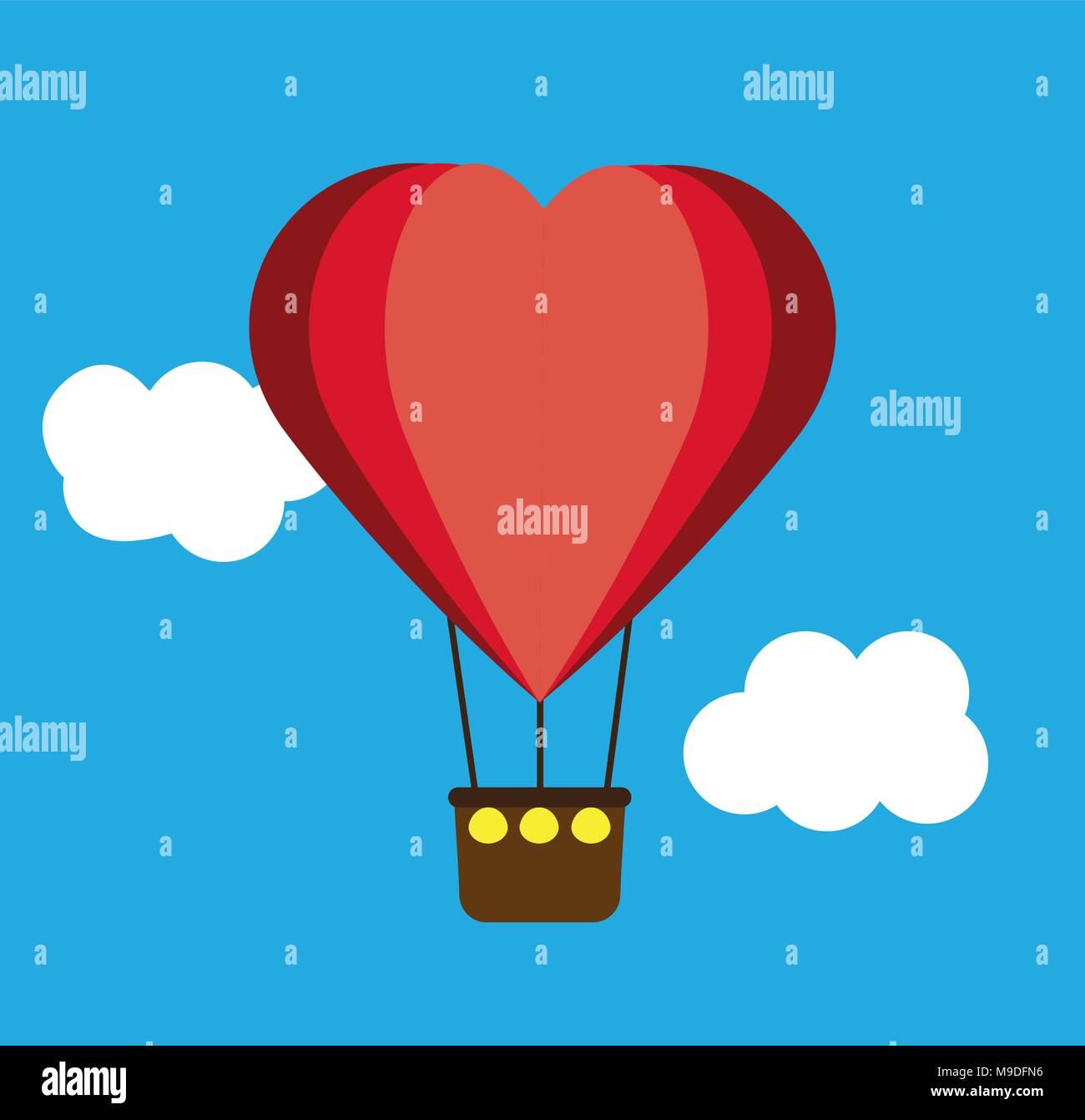 Hot air balloon in the shape of a heart isolated in the blue sky with ...
