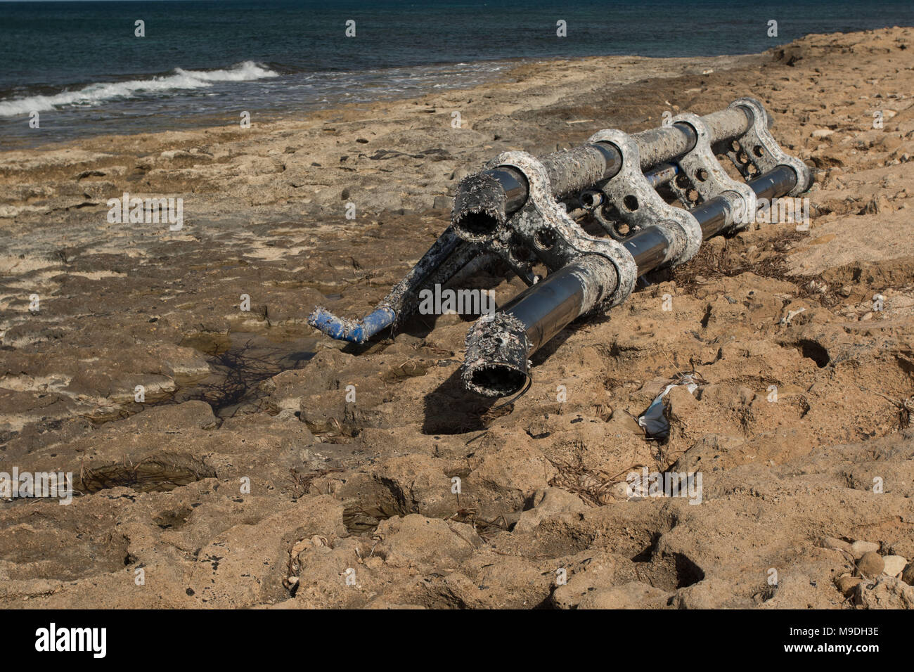 Large piece of plastic debris, environmental pollution, covered in ...