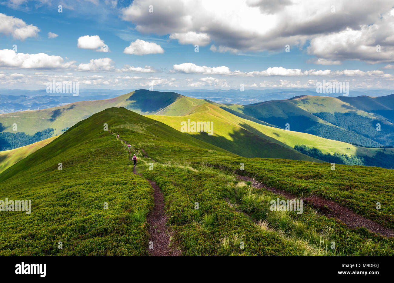 footpath through mountain ridge in summer. group of tourists following ...