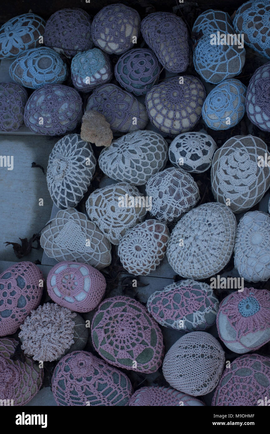 Stones covered in cypriot lace as outdoor art in old town paphos ...