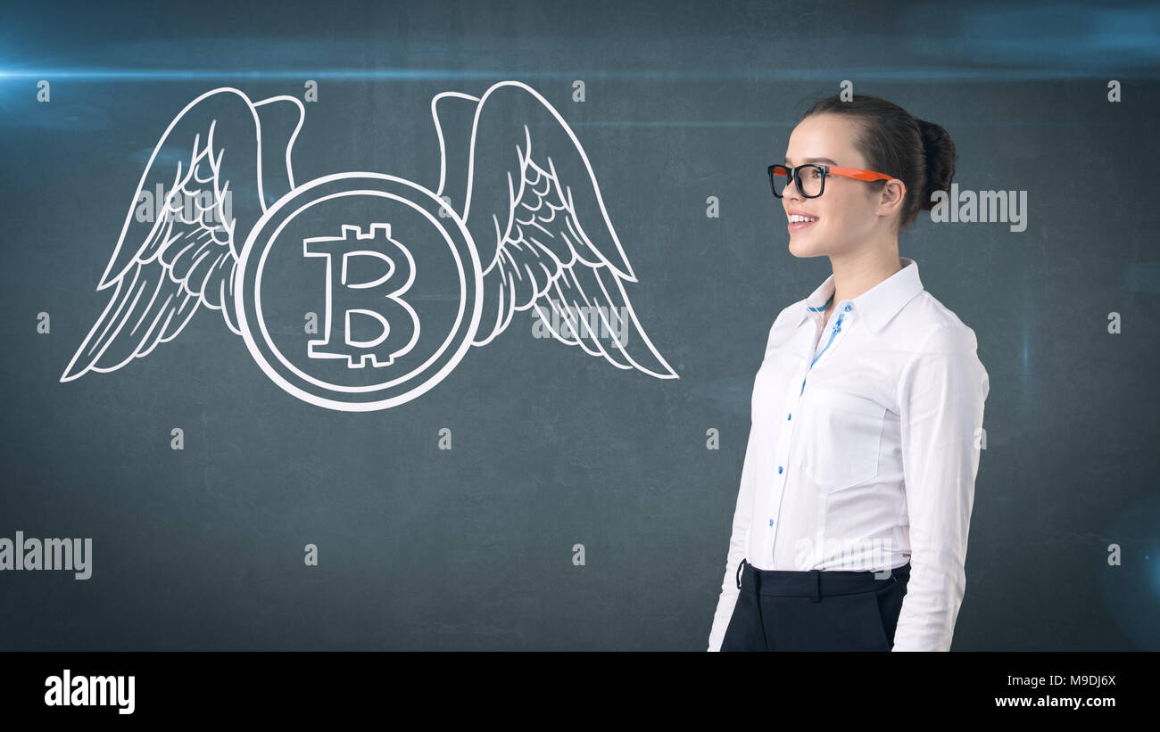 Lucky cute lady and bitcoin investment. Concept of mining and virtual ...