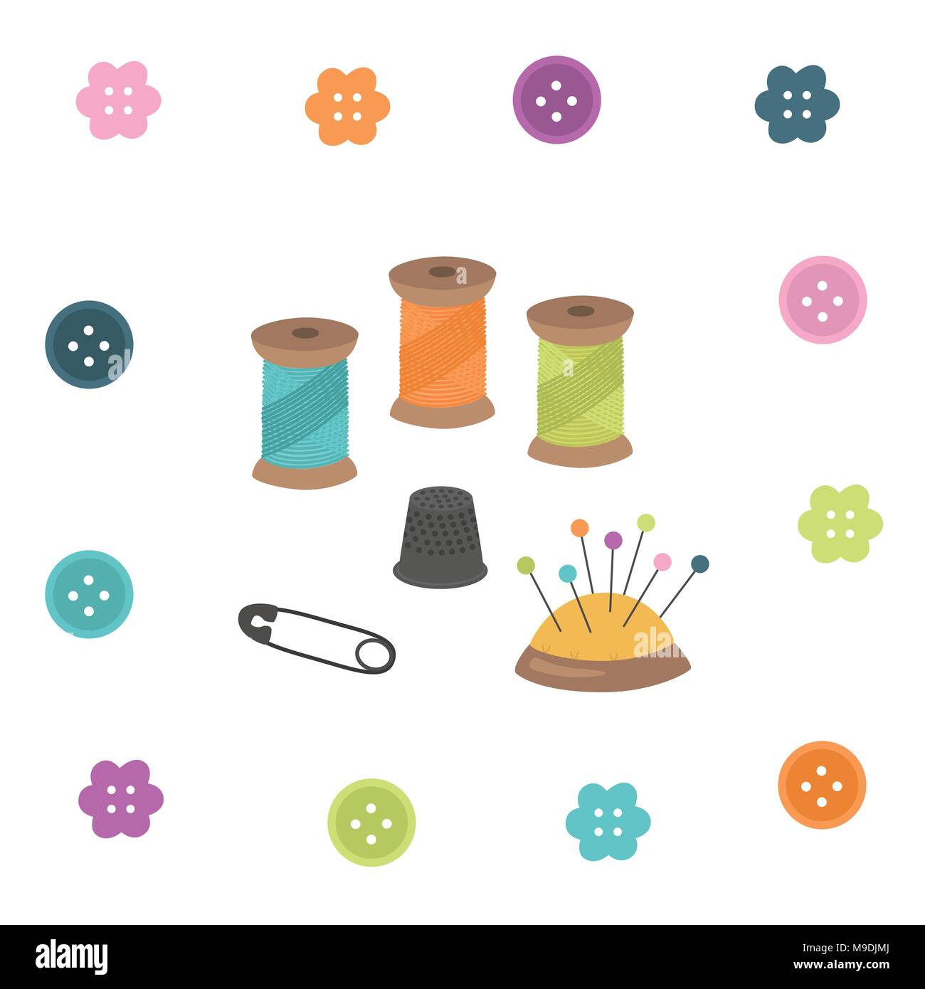 Sewing kit. Thread, thimble, needle, pin, button Stock Vector Image ...