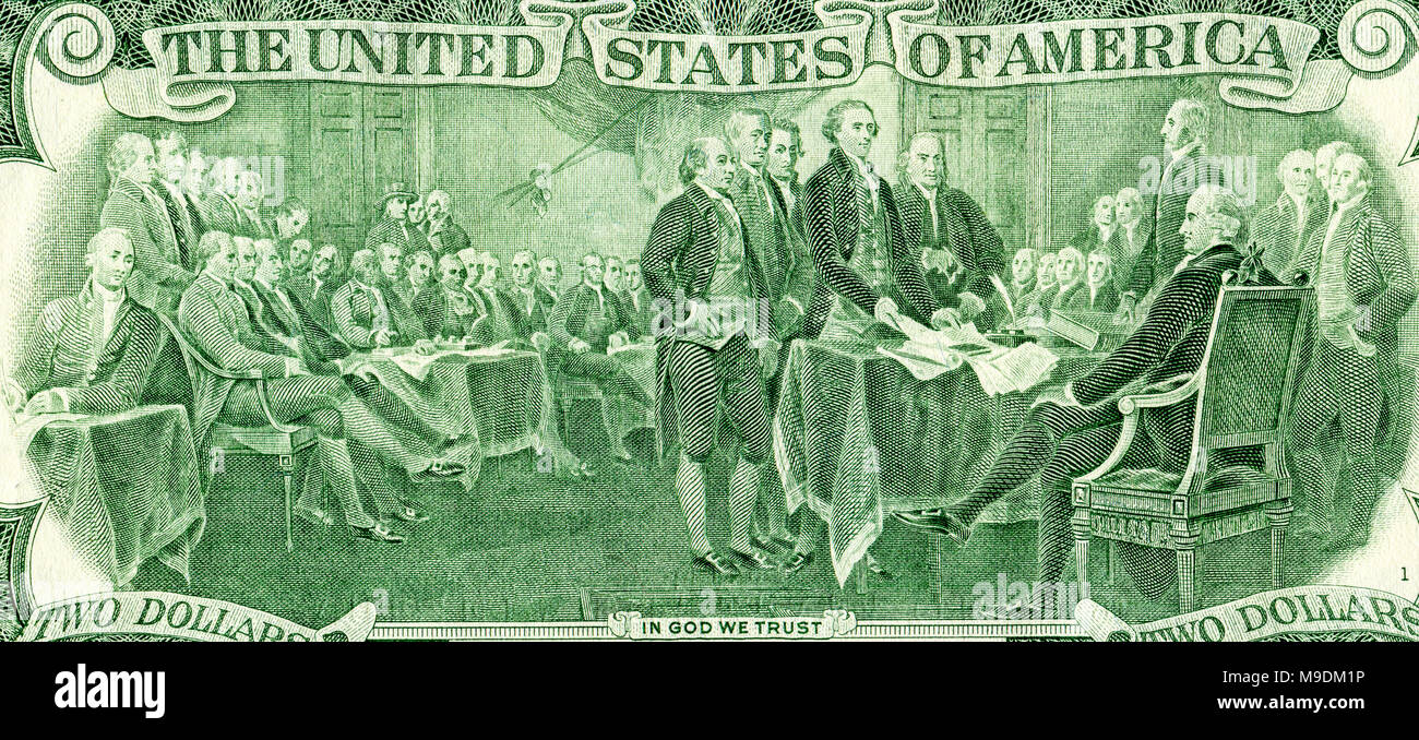 Declaration of independence drawing from the two dollar banknote Stock ...