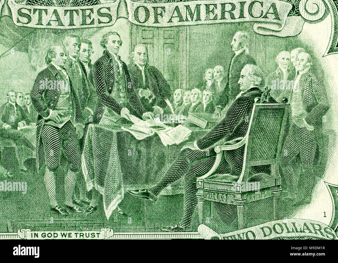 Declaration of independence drawing from the two dollar banknote ...