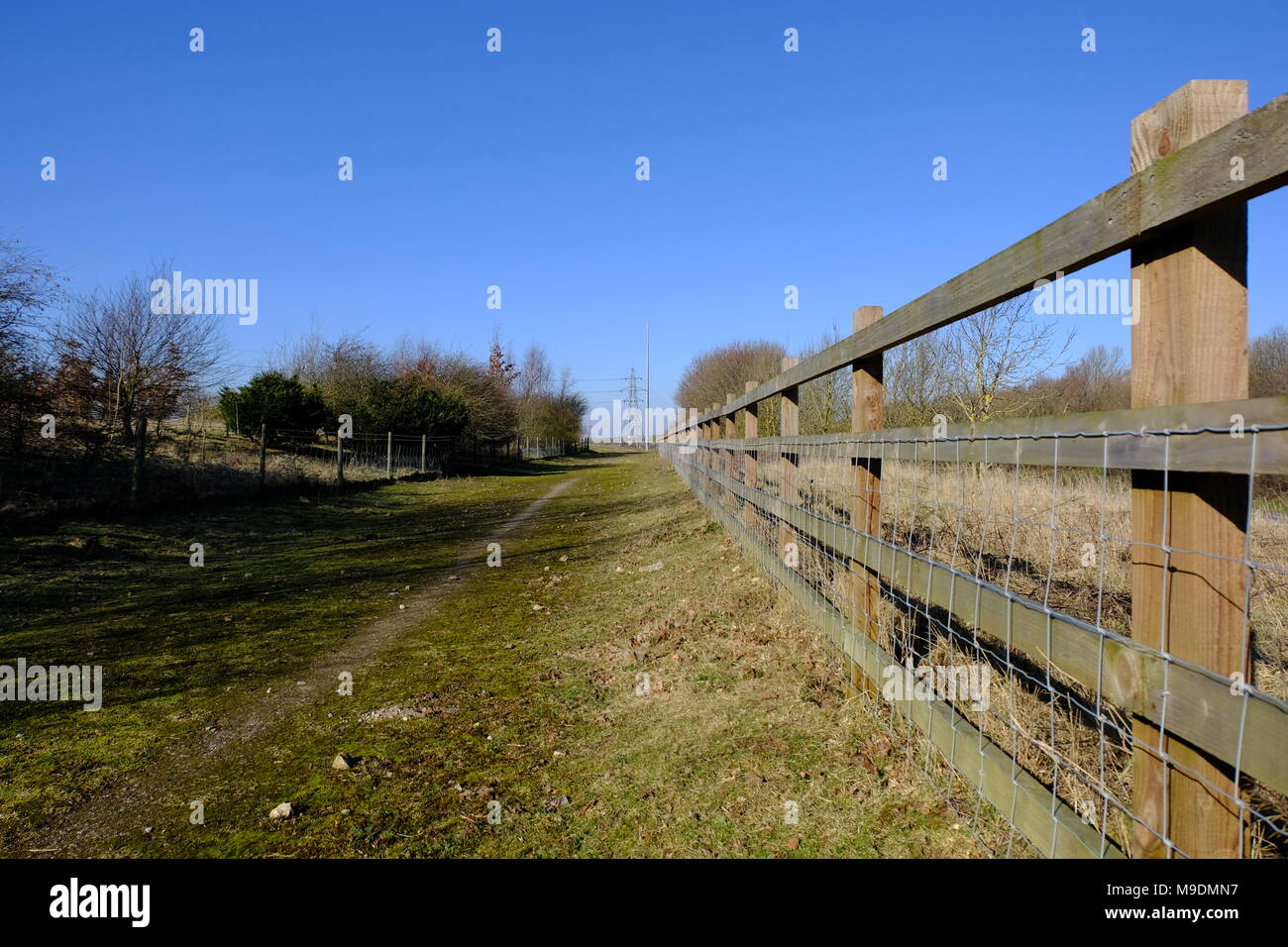 Fence and footpath leading to fields with pylon Stock Photo - Alamy
