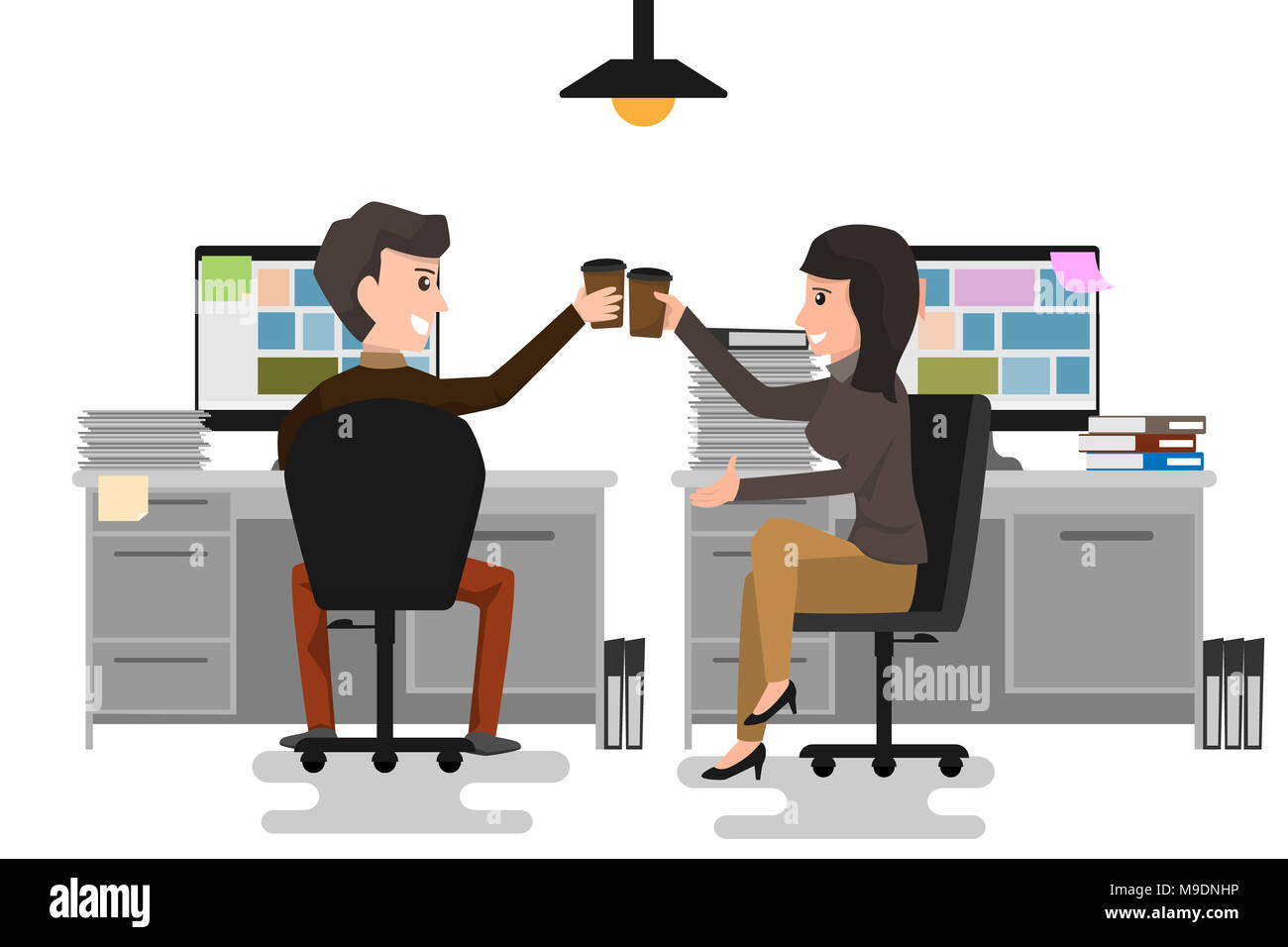 Two business man and woman Cheers Toast Drink Ice Coffee ...