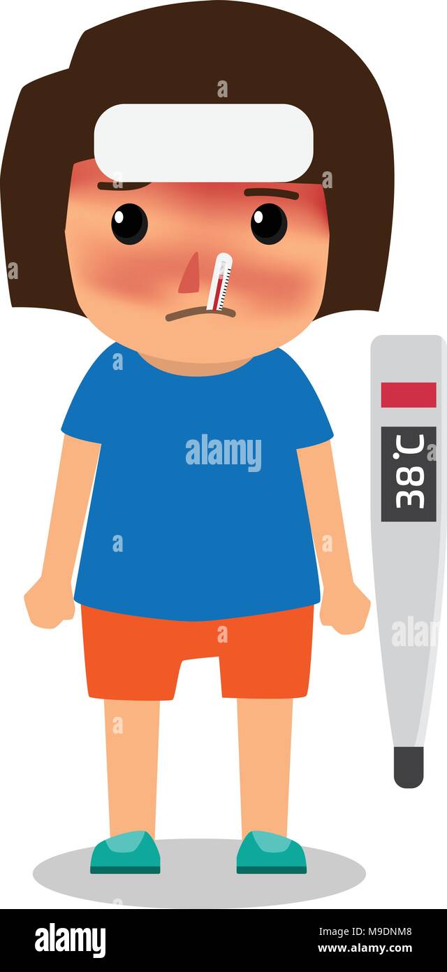 Flu cartoon illustration with a sick child character. with runny nose ...