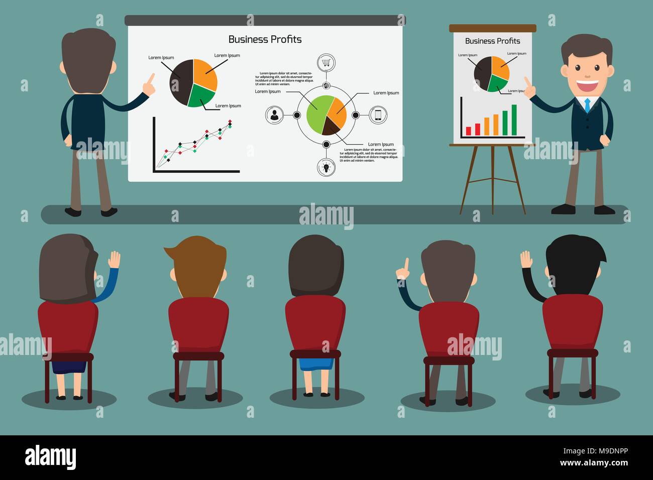 Business concept illustration of businessman giving a presentation ...