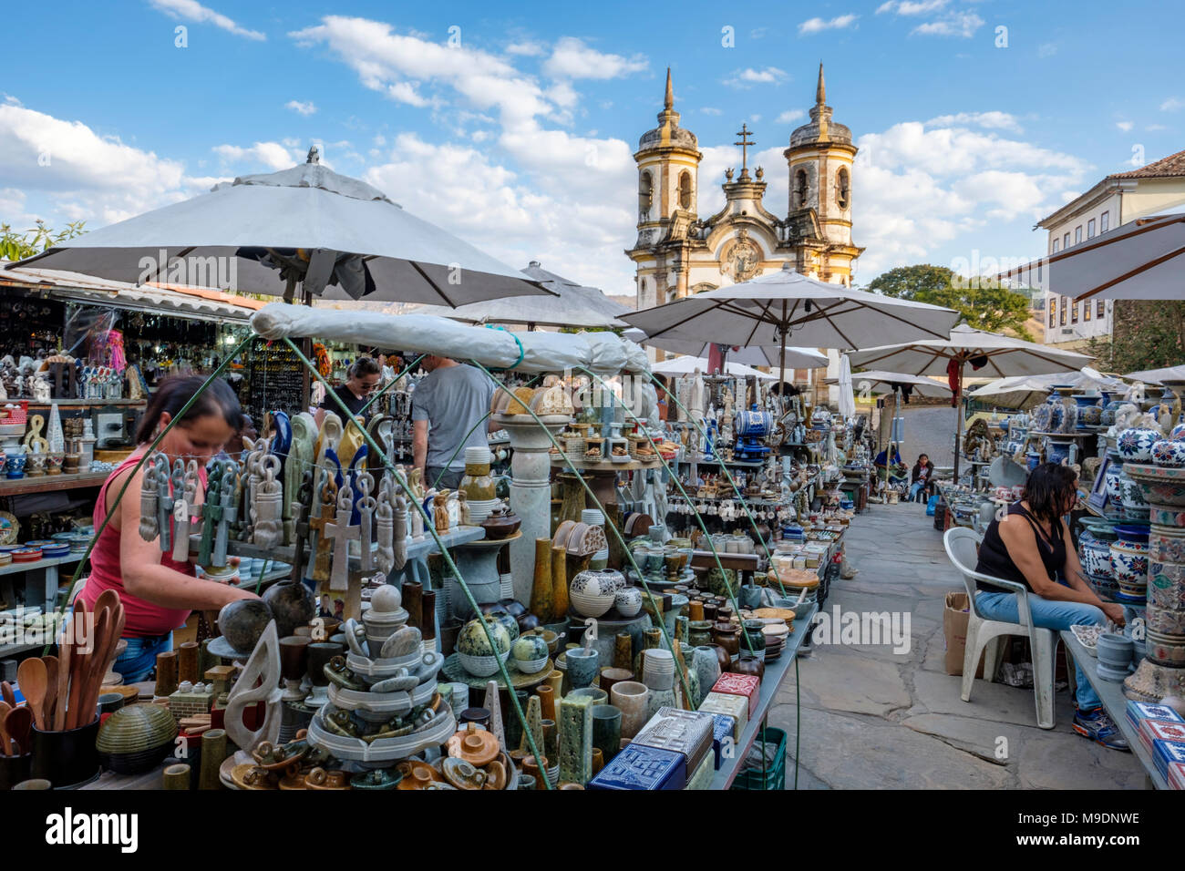 Open air artisan market, stalls with soapstone handicrafts, Church of ...