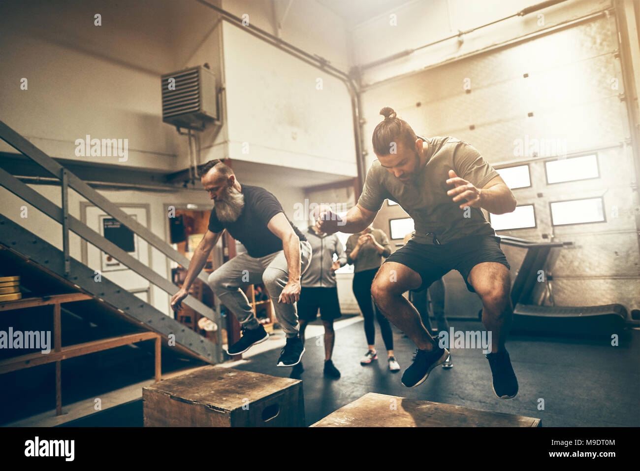 Two fit men box jumping during a gym workout session with friends ...