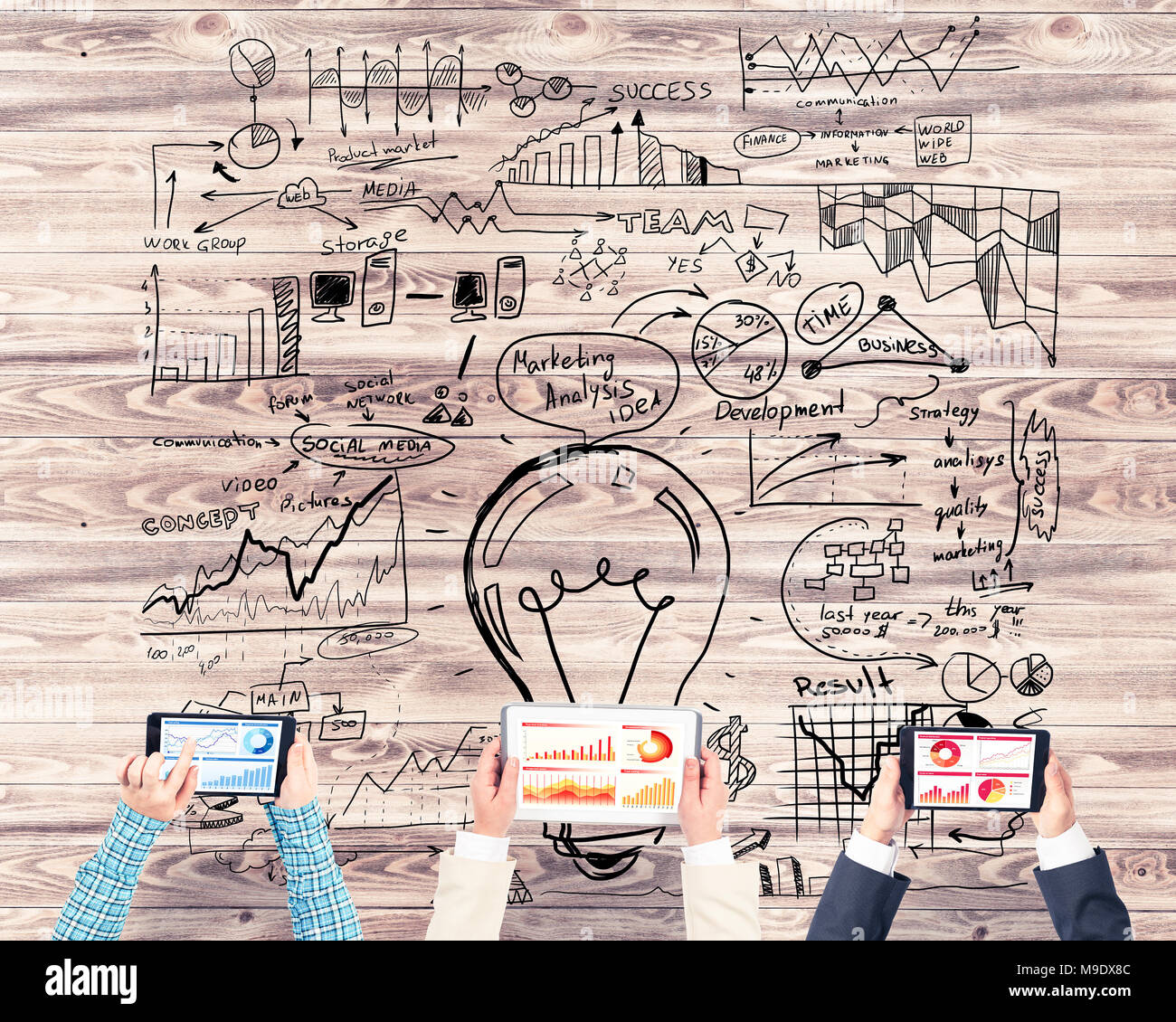 Group of three people with devices in hands working together as symbol ...