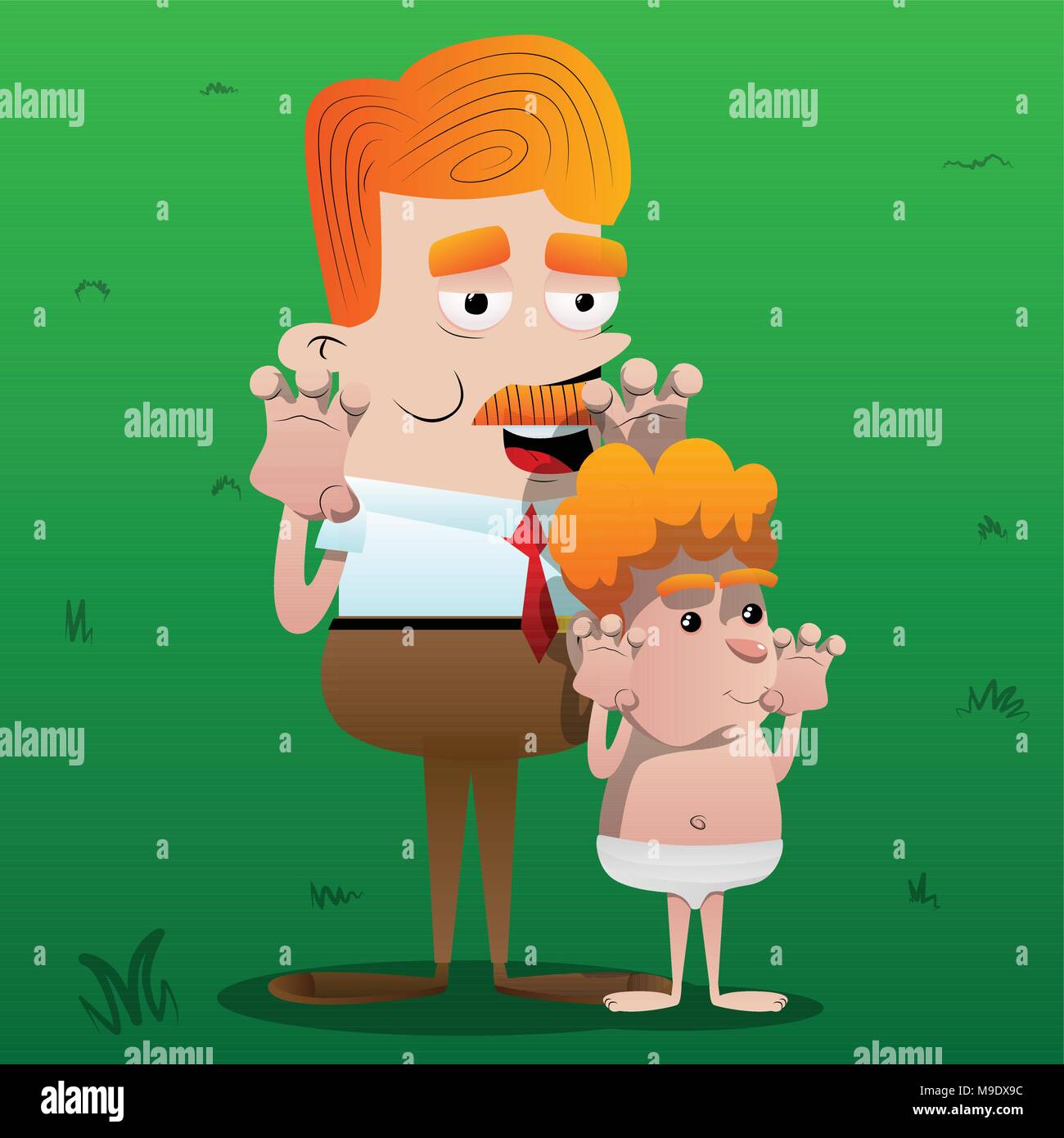 Happy smiling successful businessman and father is trying to scare you ...