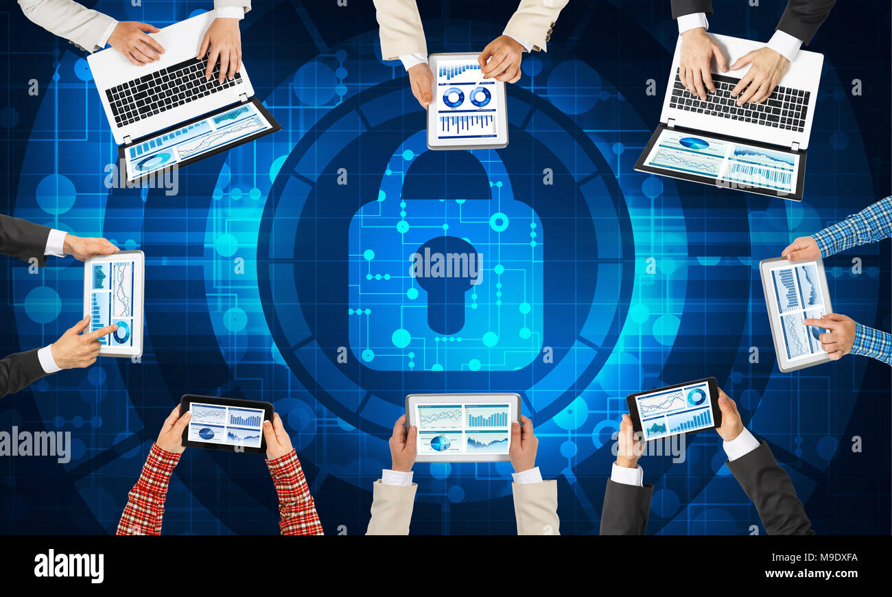 Group of people with devices in hands working together and symbol of ...