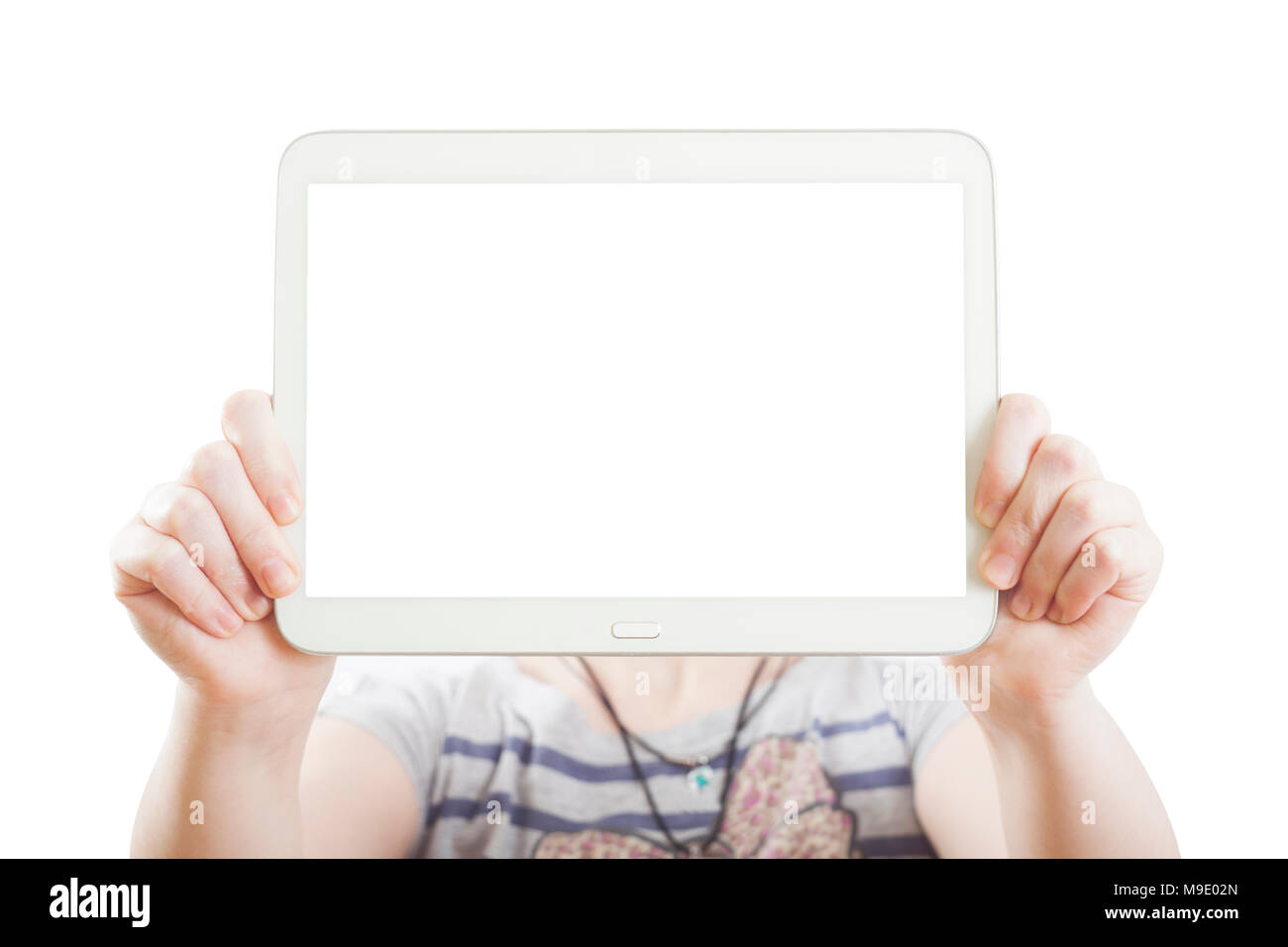 hands holding pc tablet isolated on white Stock Photo - Alamy