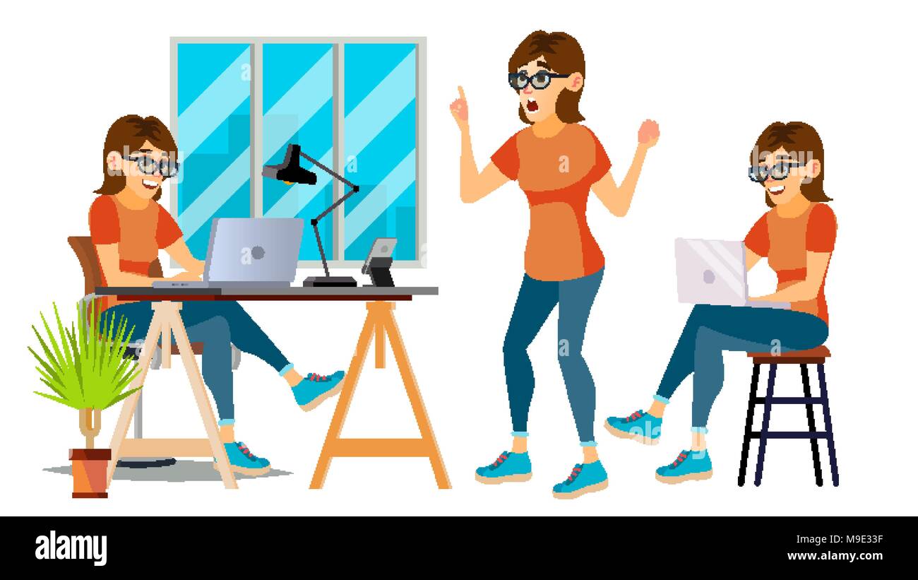 Business Woman Character Vector. Environment Process. Lady In Various ...
