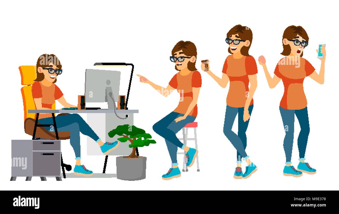 Business Woman Character Vector. Expressions. Working On The Computer ...