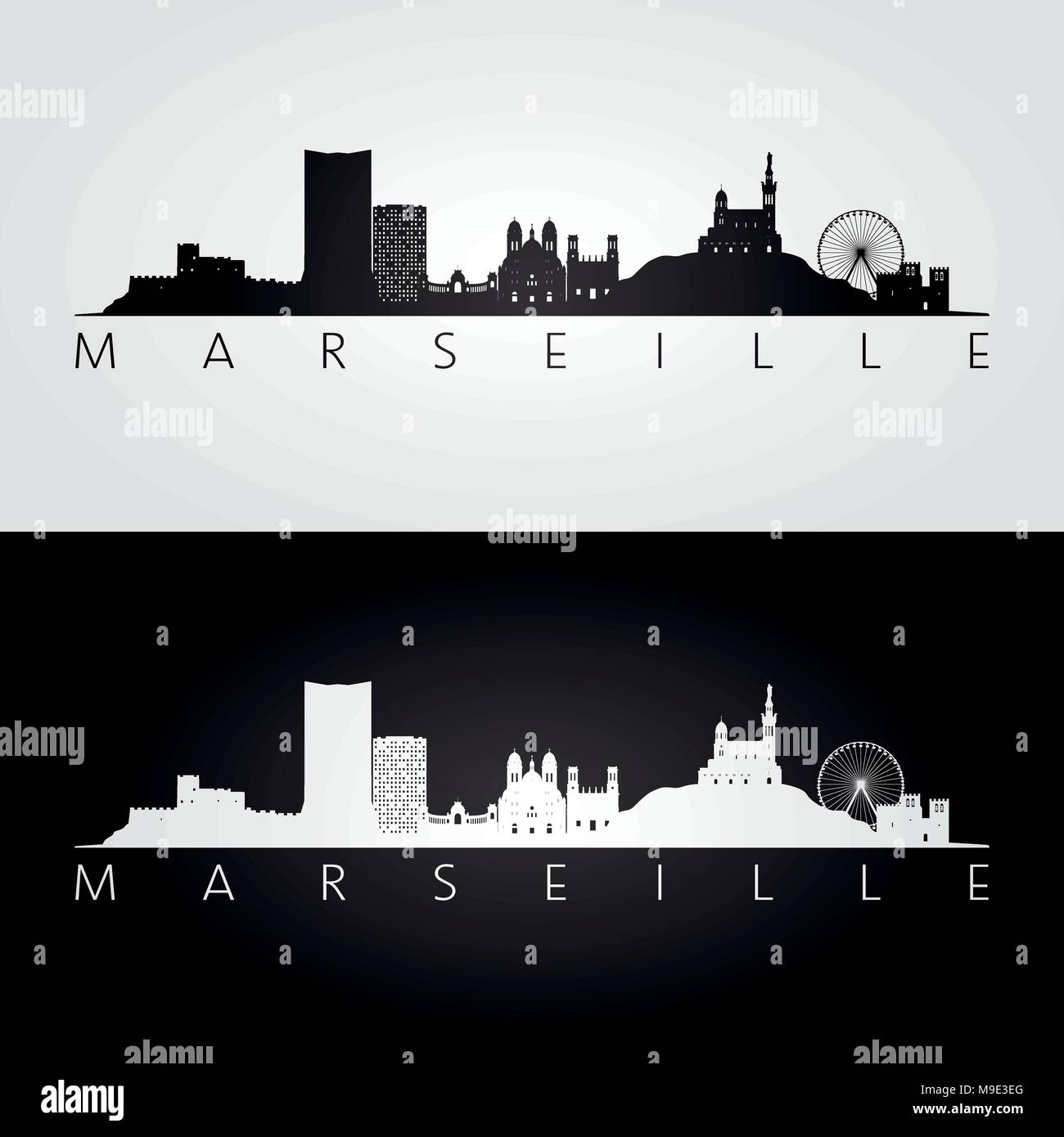 Marseille skyline and landmarks silhouette, black and white design ...