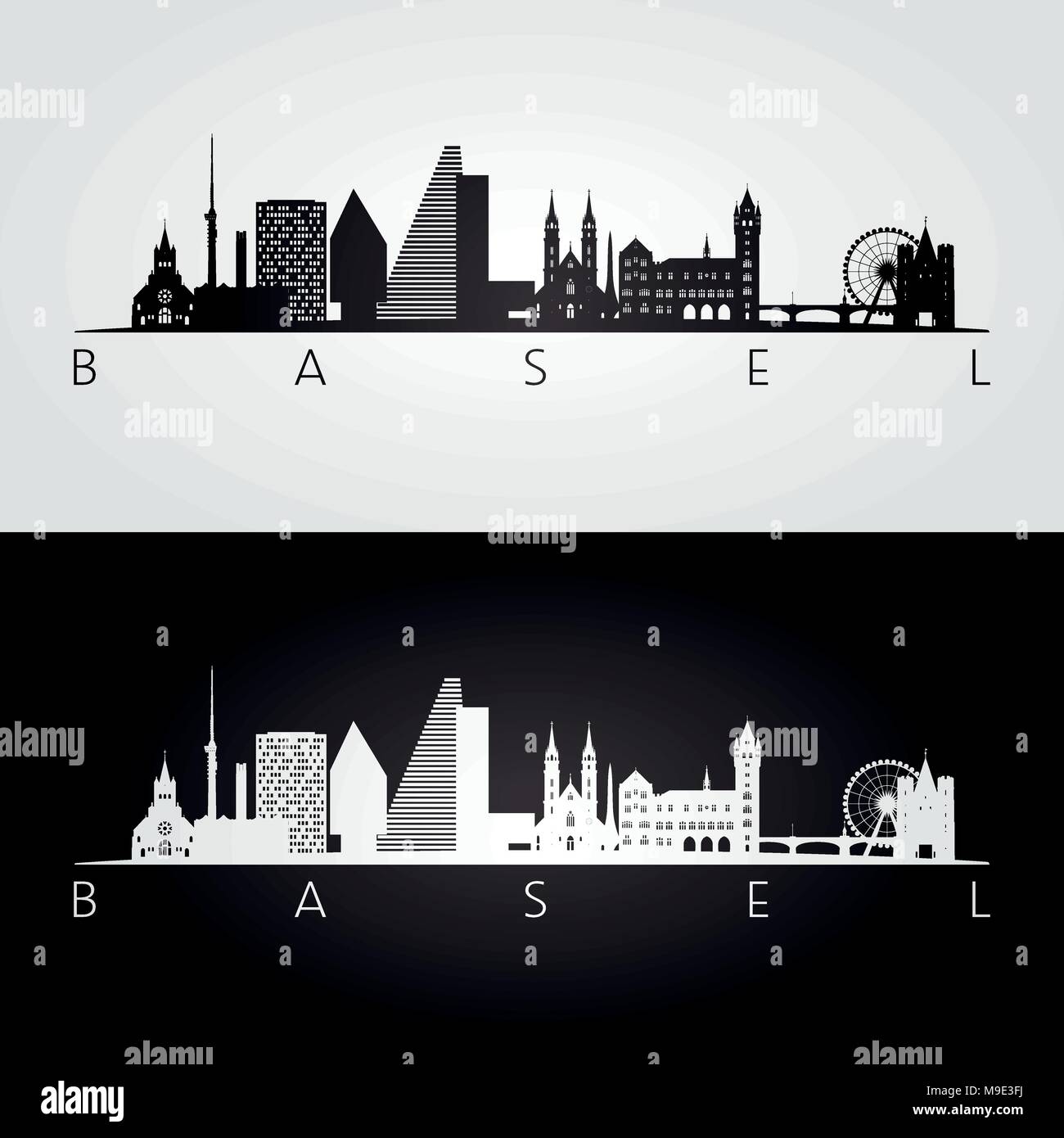 Basel skyline and landmarks silhouette, black and white design, vector ...