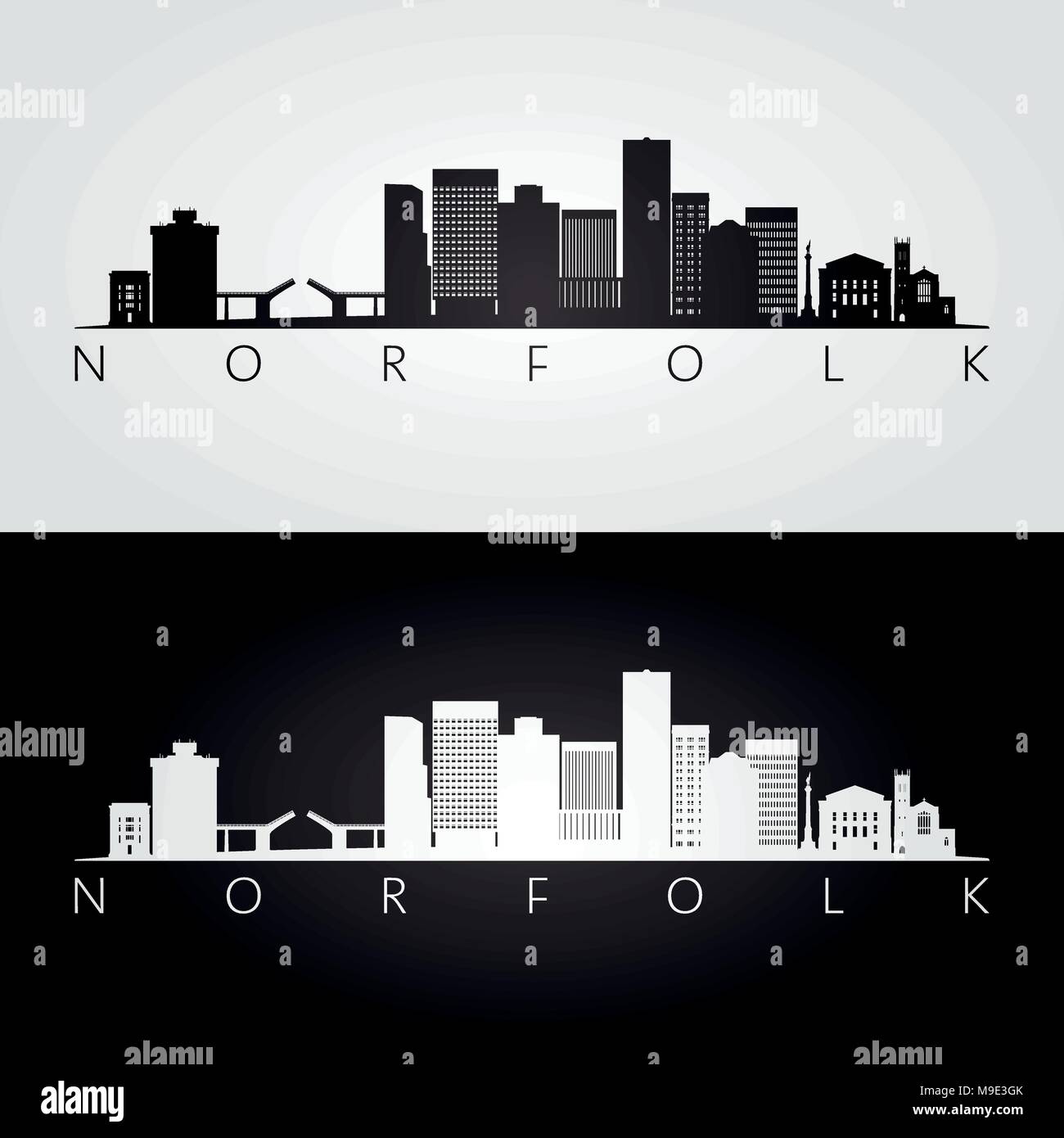 Norfolk USA skyline and landmarks silhouette, black and white design ...