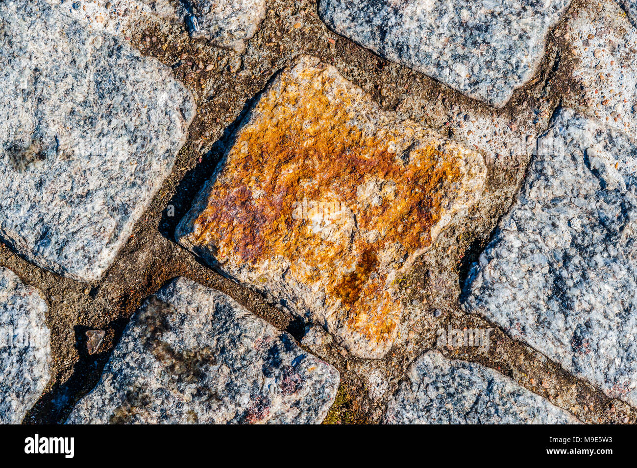 Brown color granite paving block surrounded by grey color stones ...