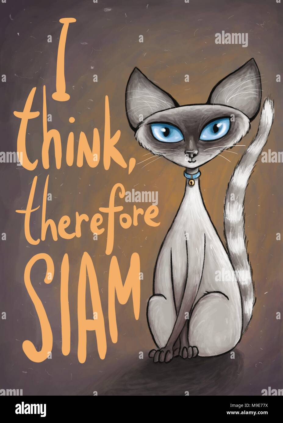 digital illustration featuring a siamese cat and a hand-written pun ...