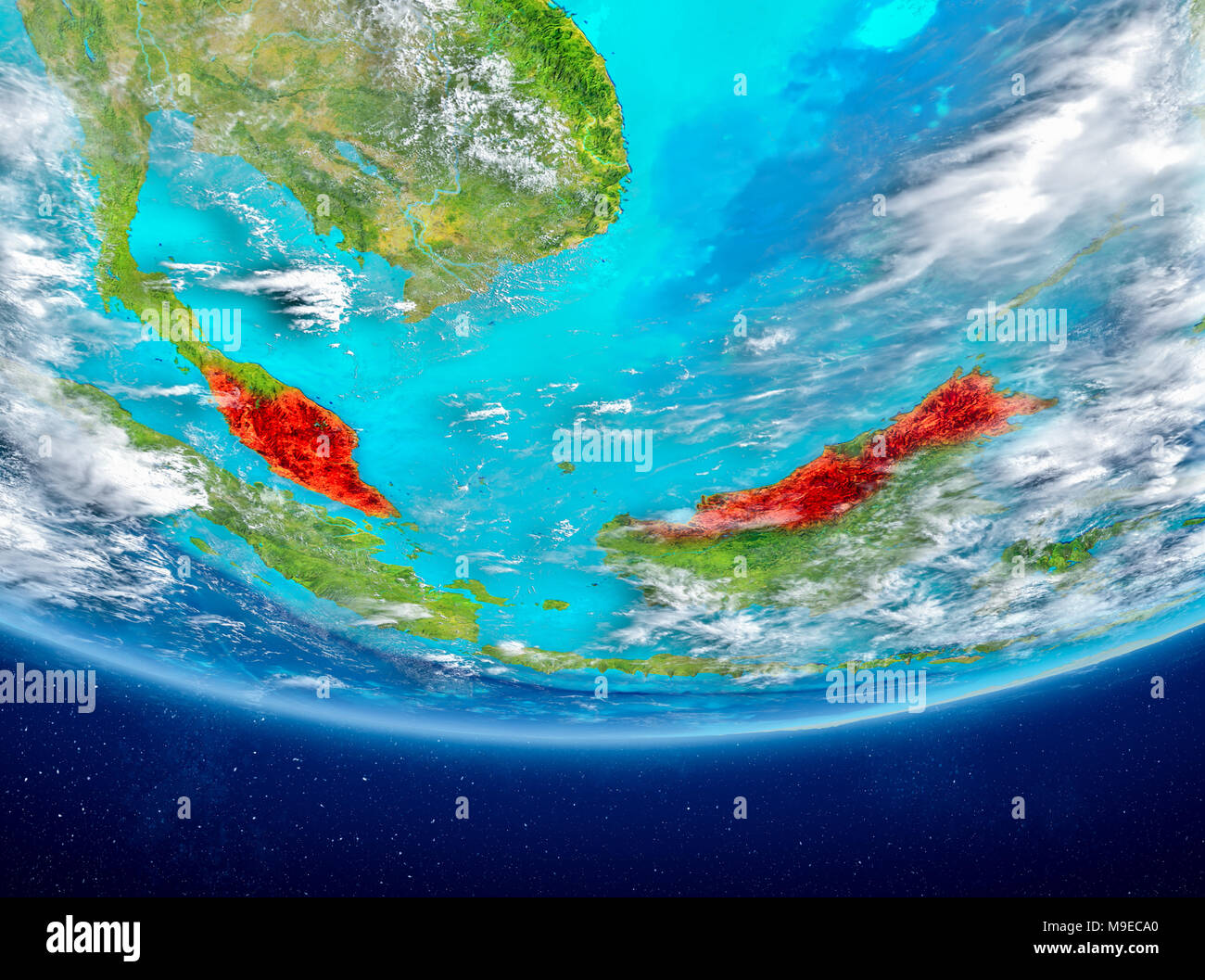 Malaysia highlighted in red on planet Earth with clouds. 3D ...