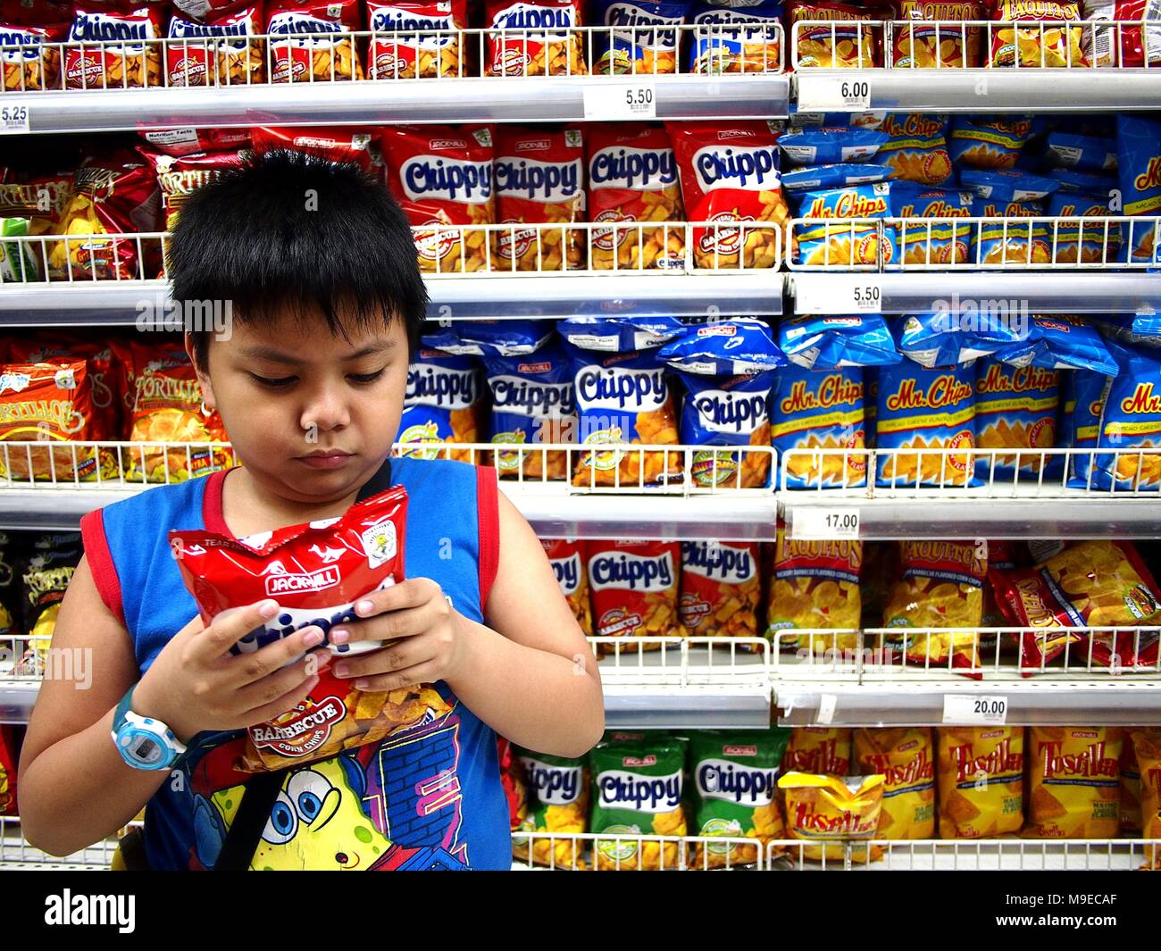 ANTIPOLO CITY, PHILIPPINES - MARCH 15, 2018: A young boy reads the ...