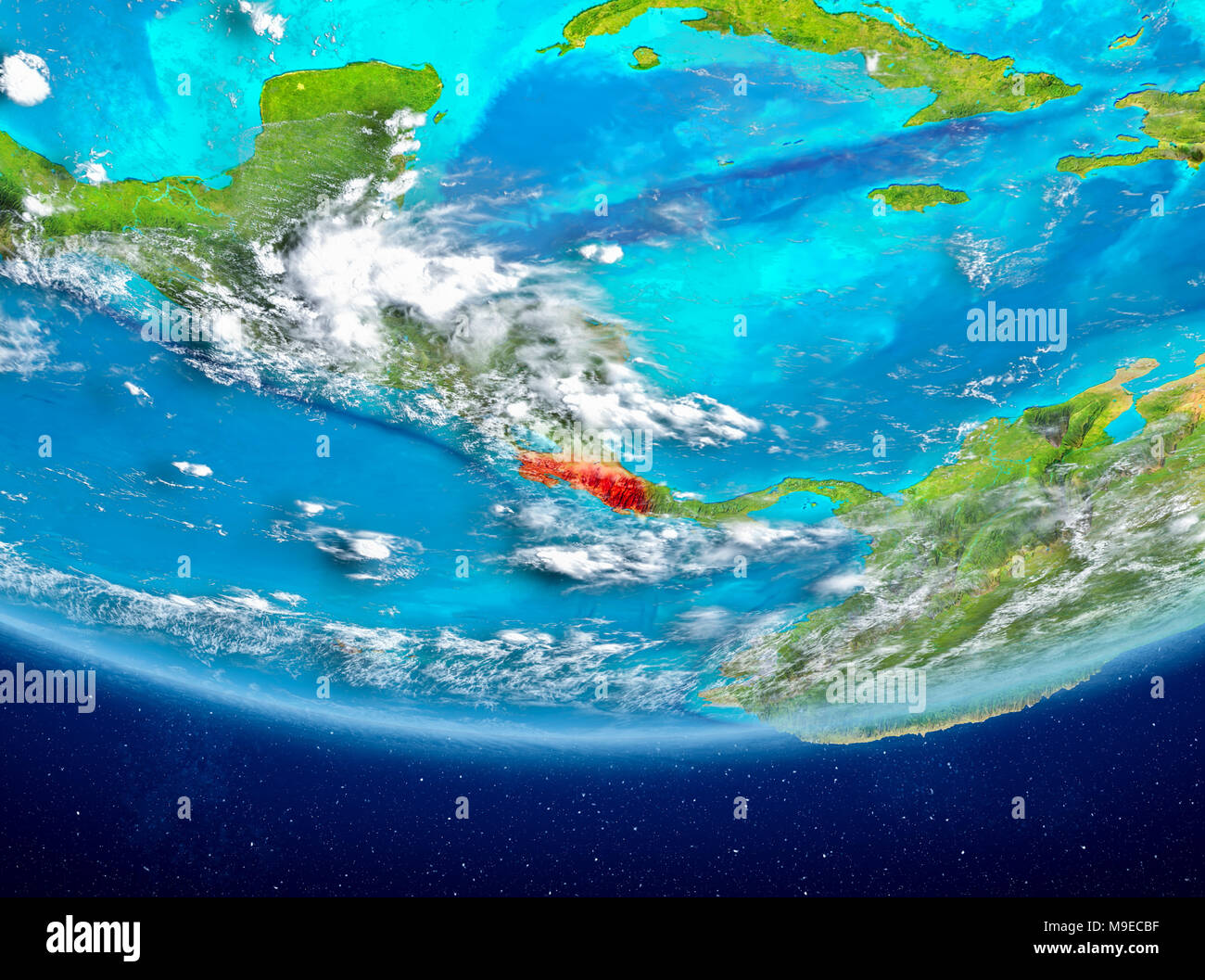 Costa Rica highlighted in red on planet Earth with clouds. 3D ...