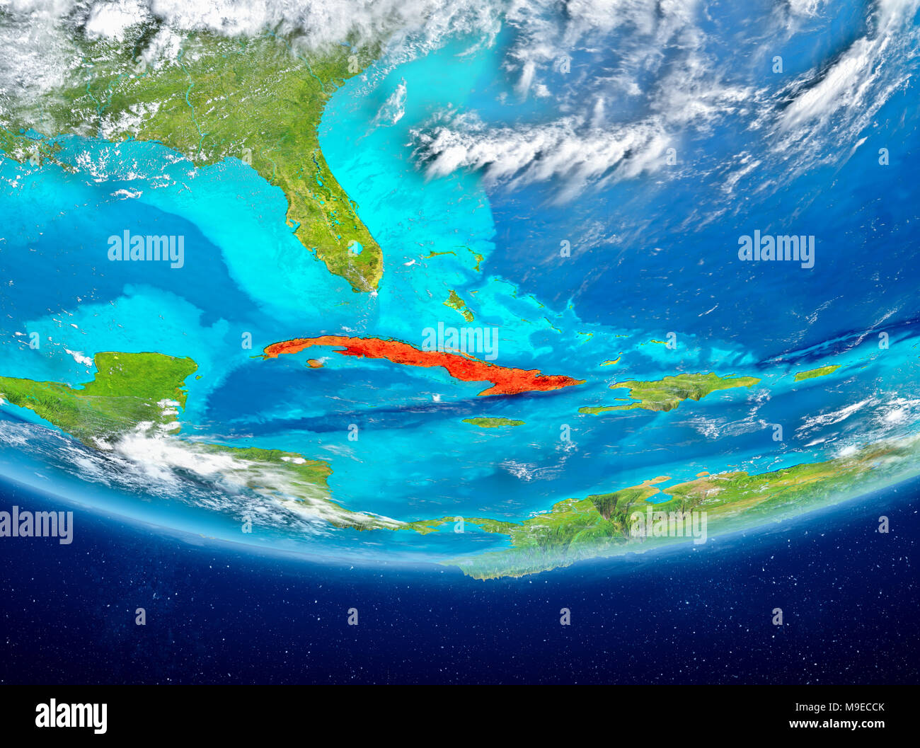 Cuba highlighted in red on planet Earth with clouds. 3D illustration ...