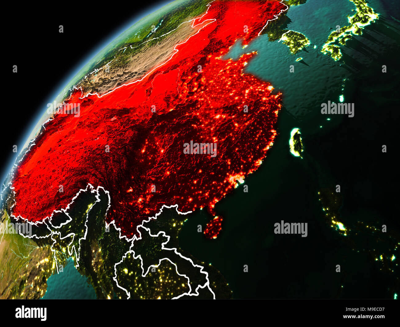 Illustration of China as seen from Earth’s orbit in late evening with ...
