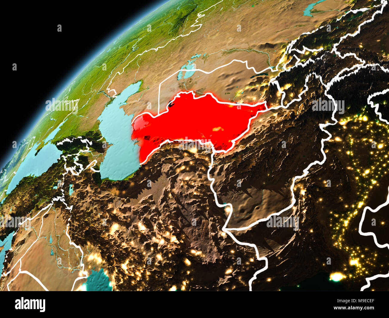 Illustration of Turkmenistan as seen from Earth’s orbit in late evening ...