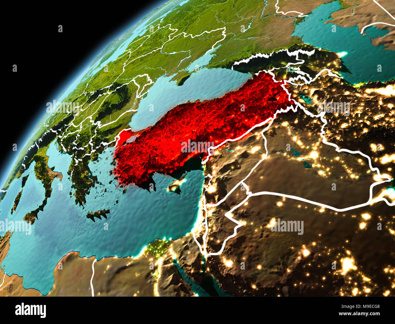 Illustration of Turkey as seen from Earth’s orbit in late evening with ...