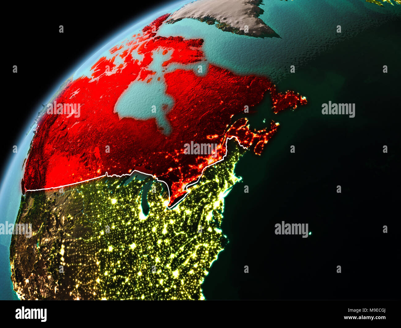Illustration of Canada as seen from Earth’s orbit in late evening with ...