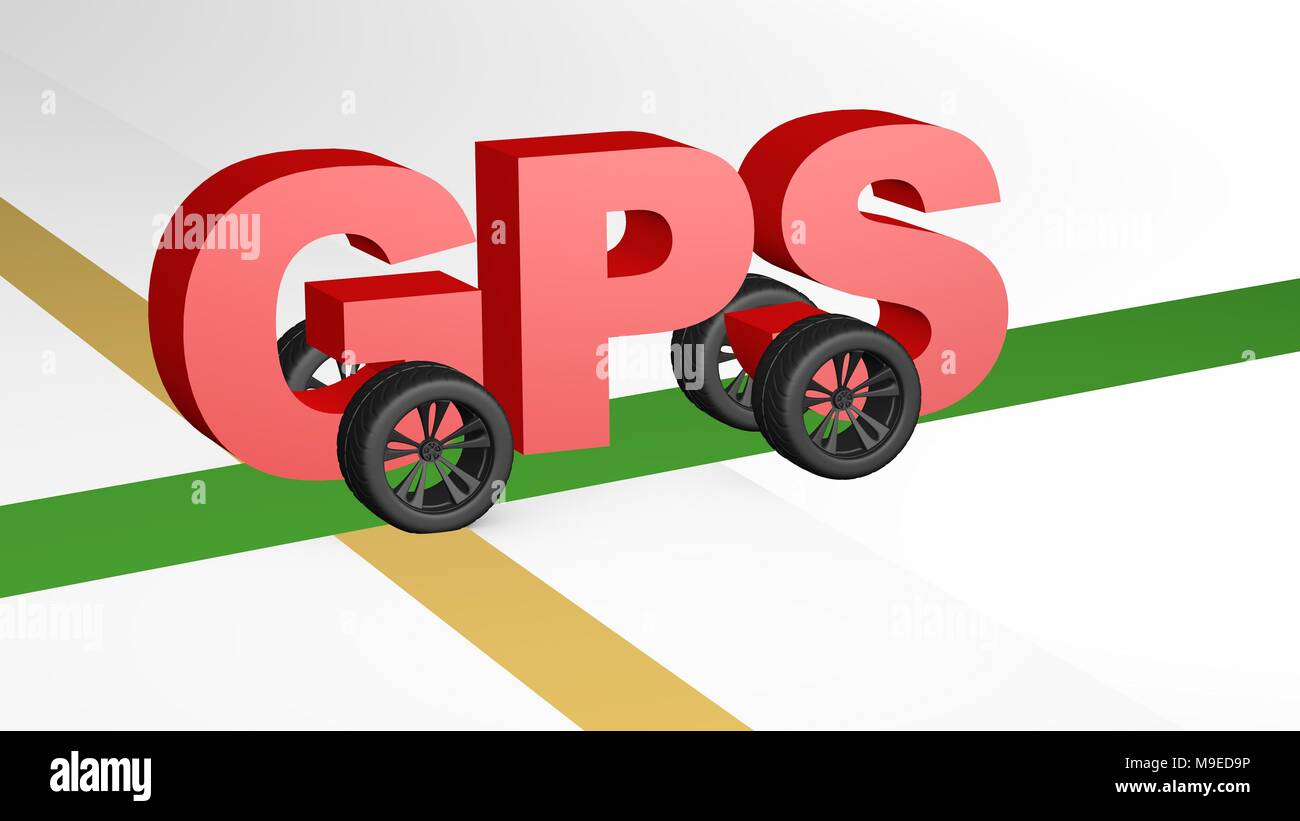 3D illustration of the title GPS placed on top of wheels on navigation ...