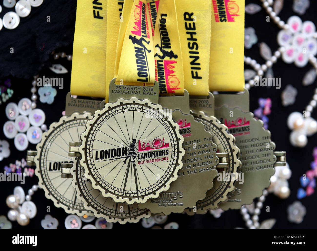 A general view of finishers medals during the 2018 London Landmarks ...