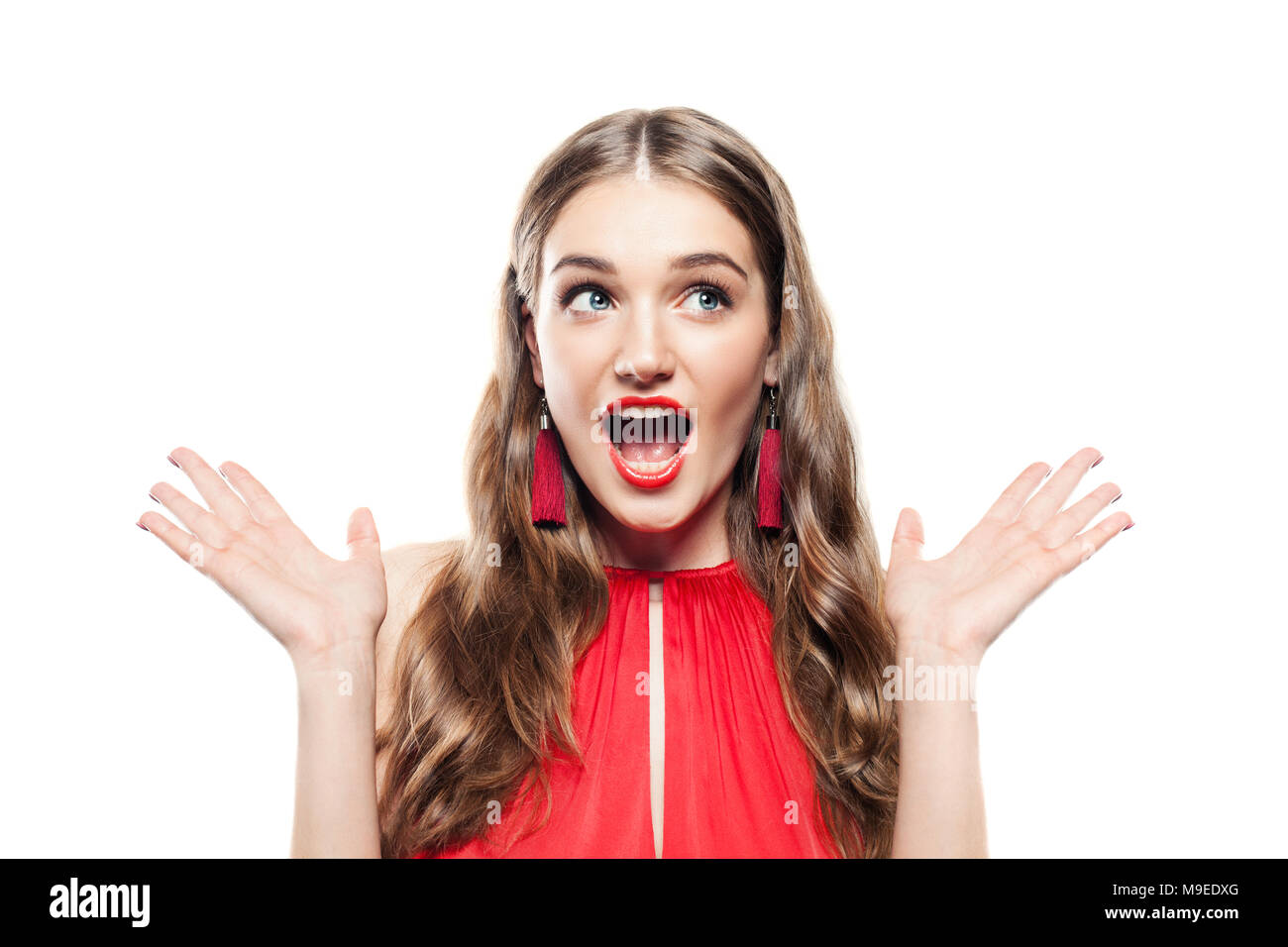 Beautiful Surprised Woman Looking Up Isolated on White Background Stock ...