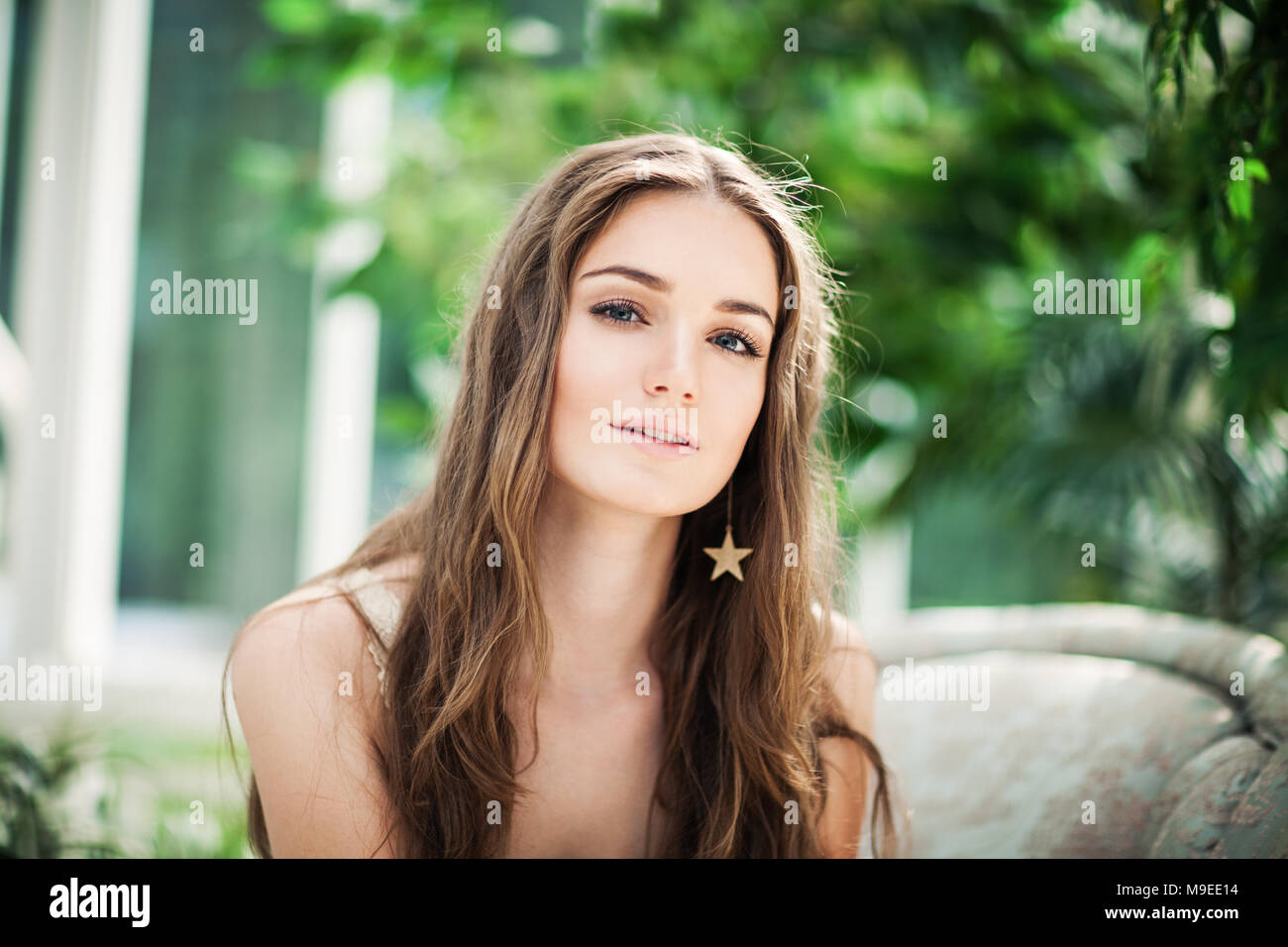 Beautiful Woman Fashion Model in Pavilion Stock Photo - Alamy
