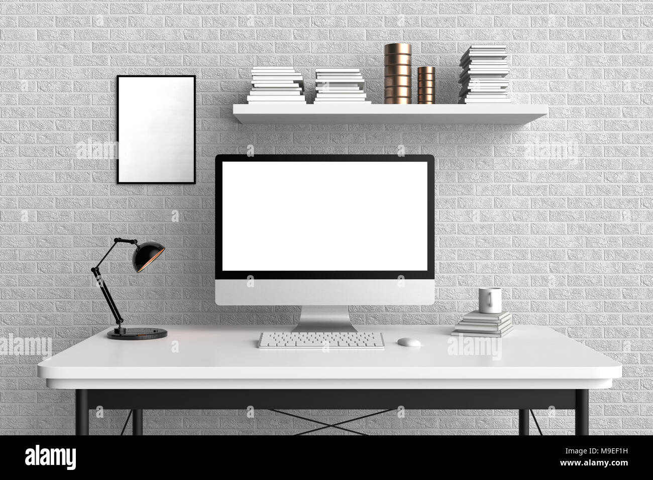 Modern workspace, isolated computer screen and frame mock up. 3D ...