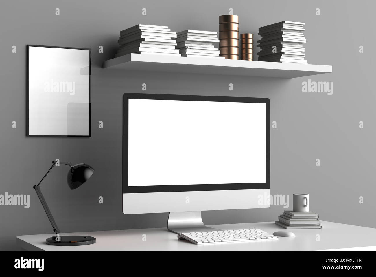 Modern workspace, isolated computer screen and frame mock up. 3D ...
