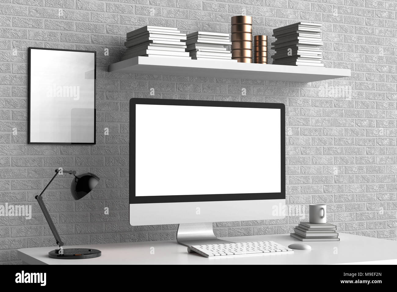 Modern workspace, isolated computer screen and frame mock up. 3D ...