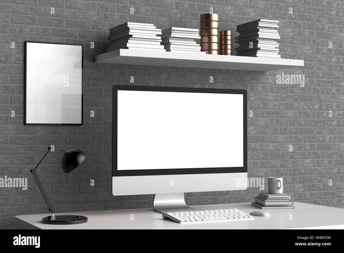 Modern workspace, isolated computer screen and frame mock up. 3D ...