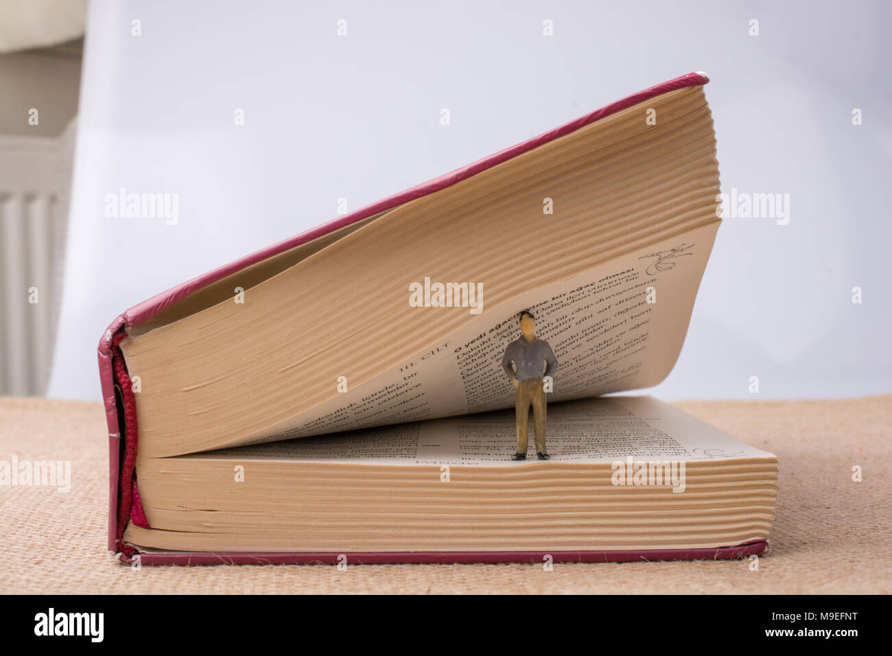 Man figurine standing inside the pages of the book Stock Photo - Alamy