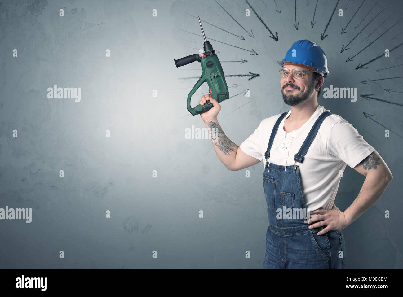 Working man with tools in his hand and arrows above his head Stock ...